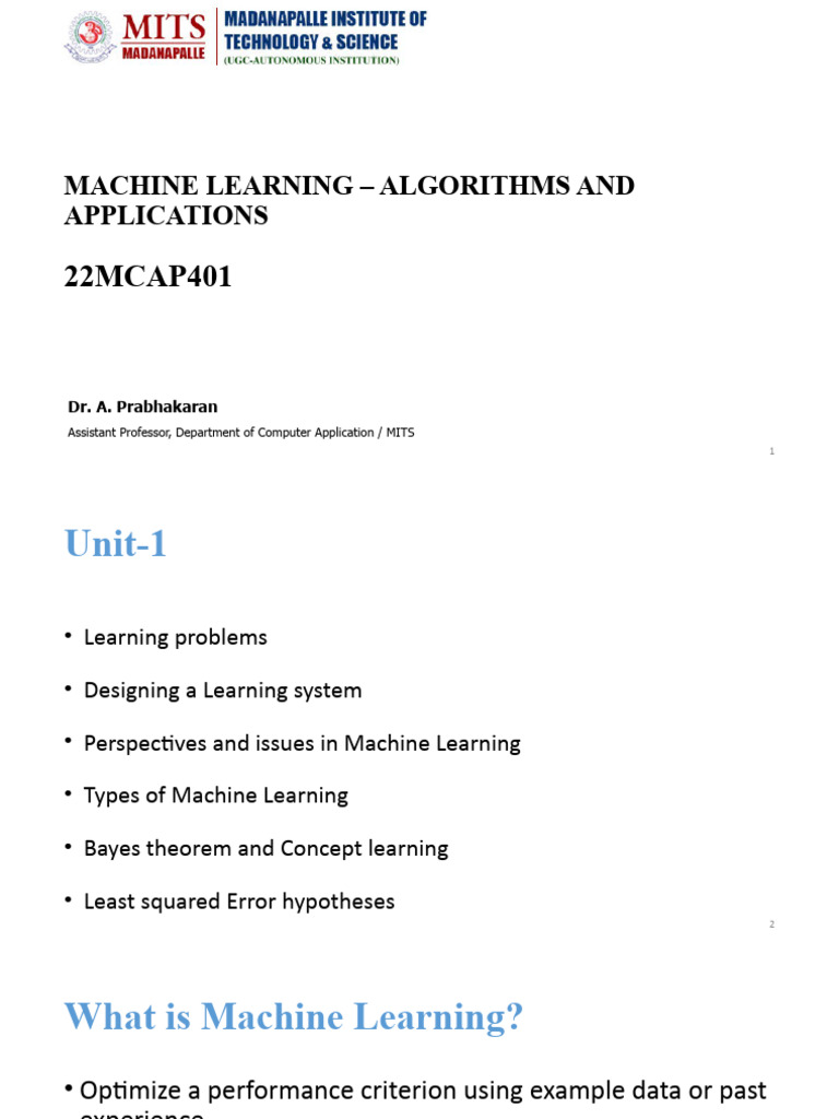 Unit-1 Introduction to Machine Learning | PDF | Machine Learning | Pattern Recognition