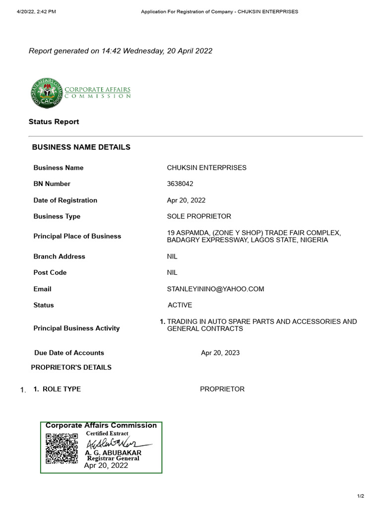 Application For Registration of Company - CHUKSIN ENTERPRISES | PDF ...