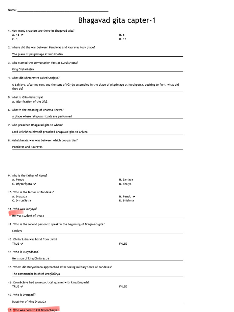 Bhagavad Gita Question and Answer Chapter-01 - Part-01 | PDF | Hindu ...