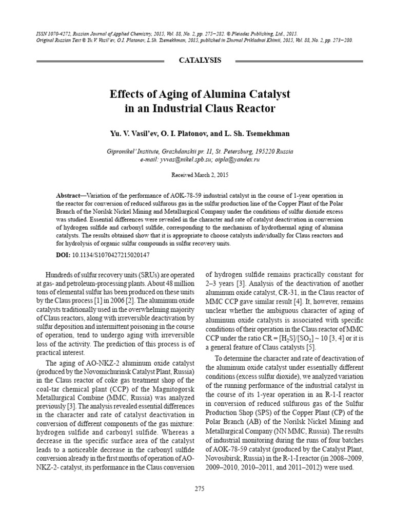 Effects of Aging of Alumina Catalyst in An Industrial Claus Reactor ...