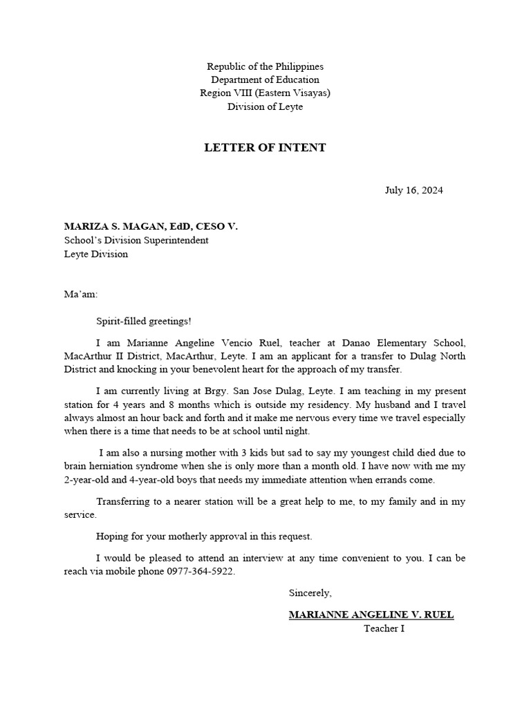 letter of intent for transfer | PDF