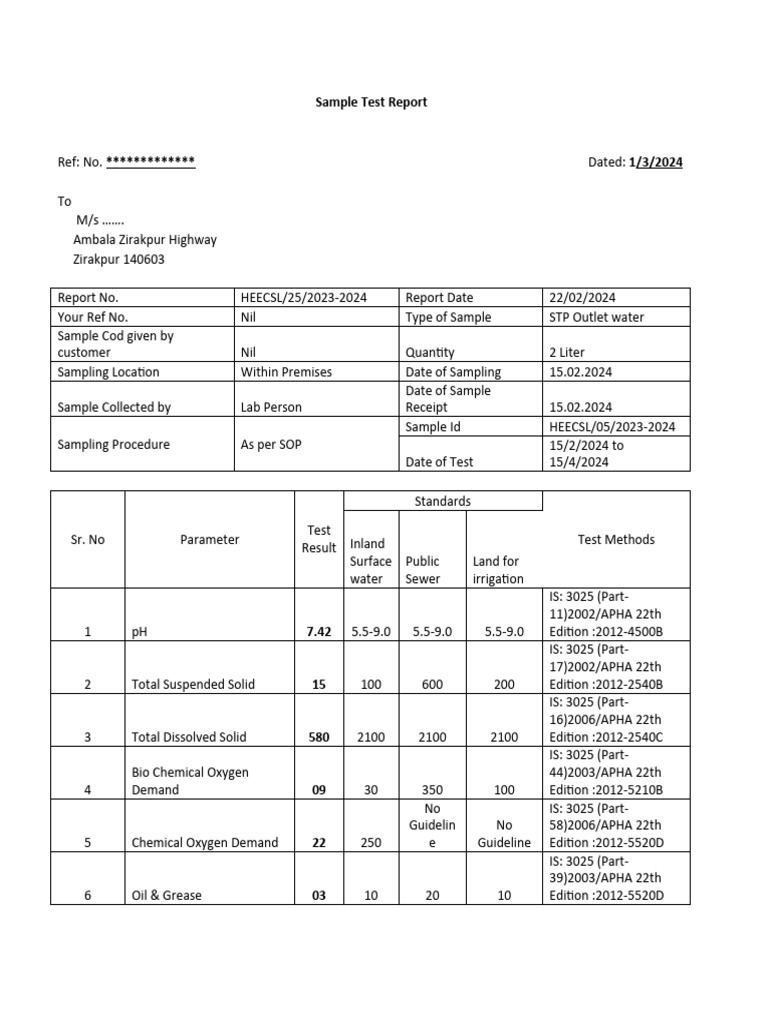 Sample Test Report | PDF | Water | Earth Sciences