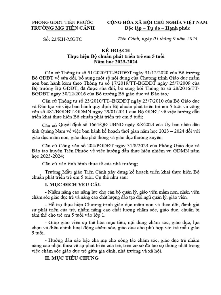 Ke Hoach Bo Chuan Tre 5 Tuoi 23-24 | PDF