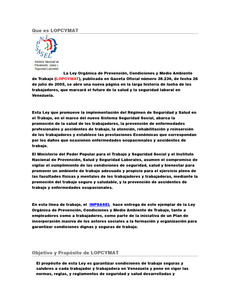 Que Es Lopcymat Pdf Derecho Laboral Seguridad Y Salud Ocupacional