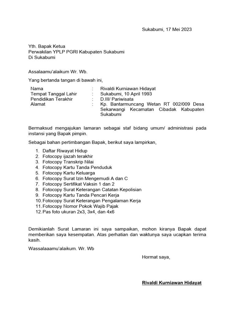 Lamaran Ke YPLP PGRI | PDF