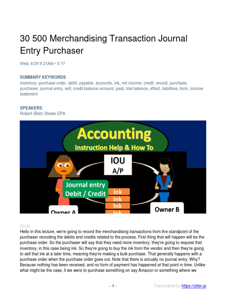 30 500 Merchandising Transaction Journal Entry Purchaser | PDF | Debits ...