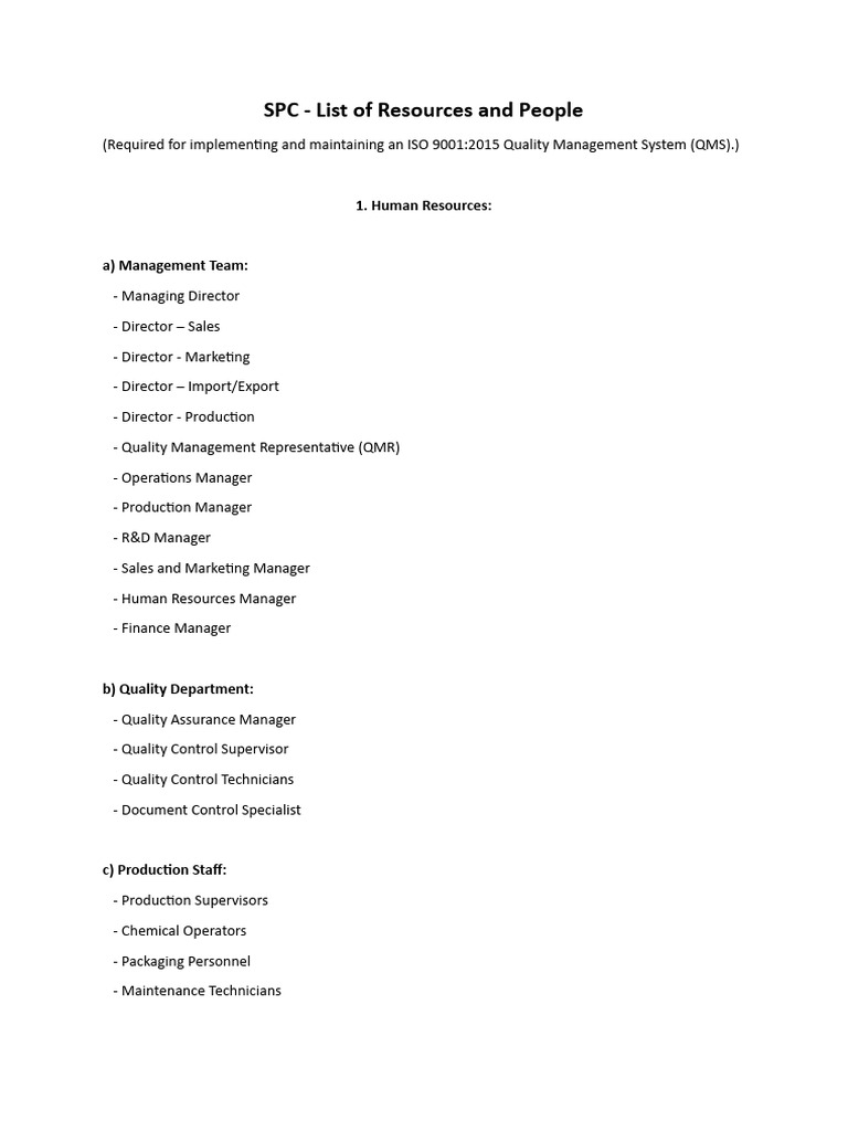 SPC - SPC - List of Resources and People | PDF | Iso 9000 | Quality ...