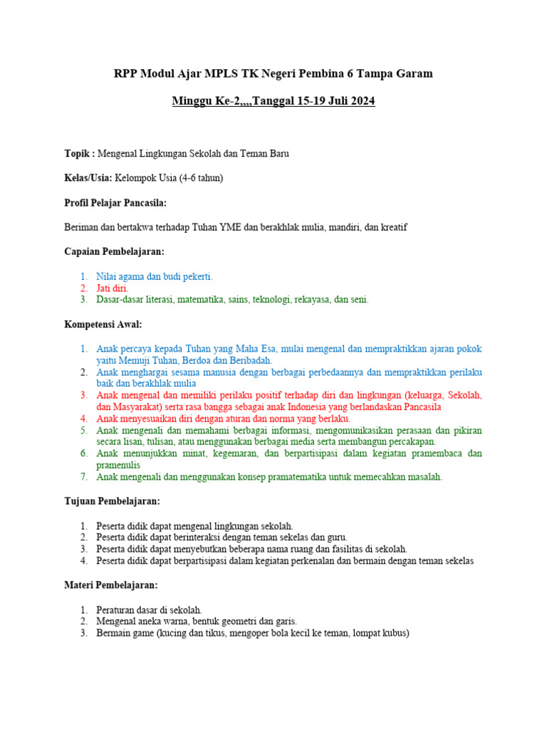 Modul Ajar MPLS TK Negeri Pembina 6 Tampa Garam | PDF