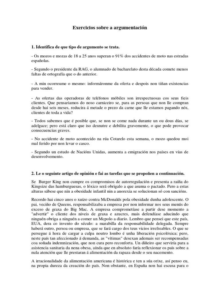 Exercicios sobre a argumentación | PDF