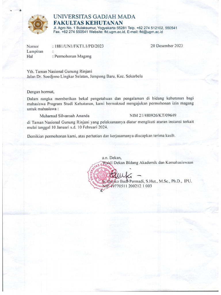 Permohonan Magang UGM | PDF