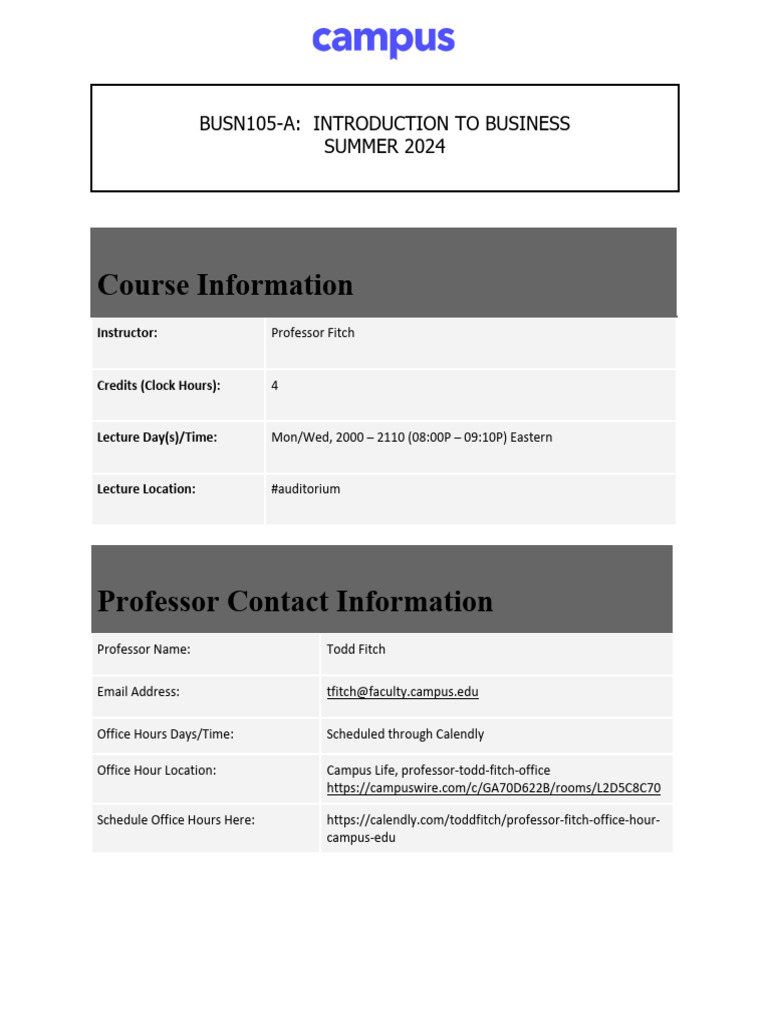 Summer 2024 - Introduction To Business (BUSN.105-A) Syllabus - Fitch ...