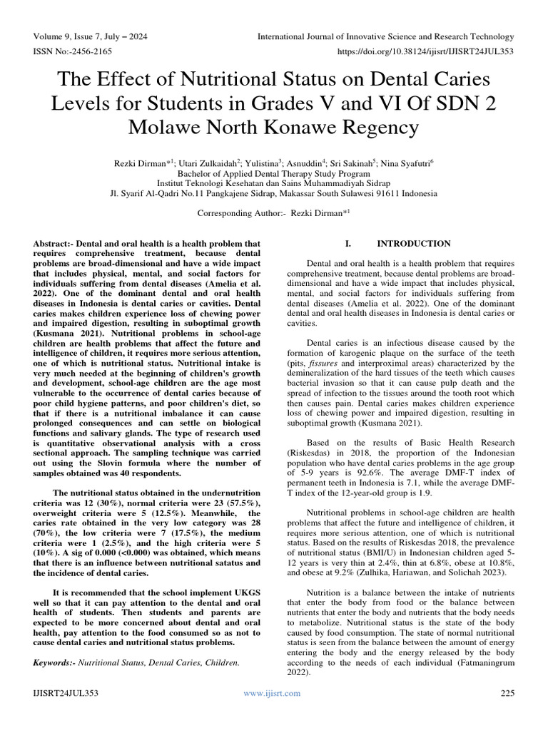 The Effect of Nutritional Status On Dental Caries Levels For Students ...