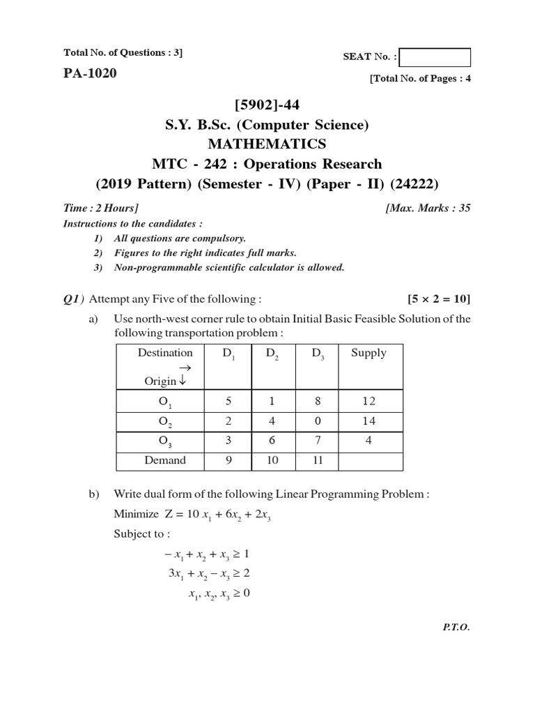 Operations Research Question Paper 2019 | PDF | Linear Programming ...