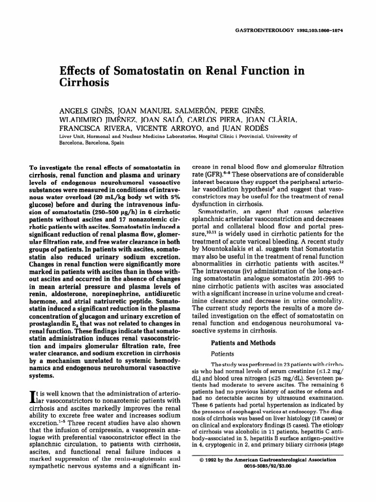 Effects of Somatostatin On Renal Function in Cirrhosis | PDF | Kidney ...