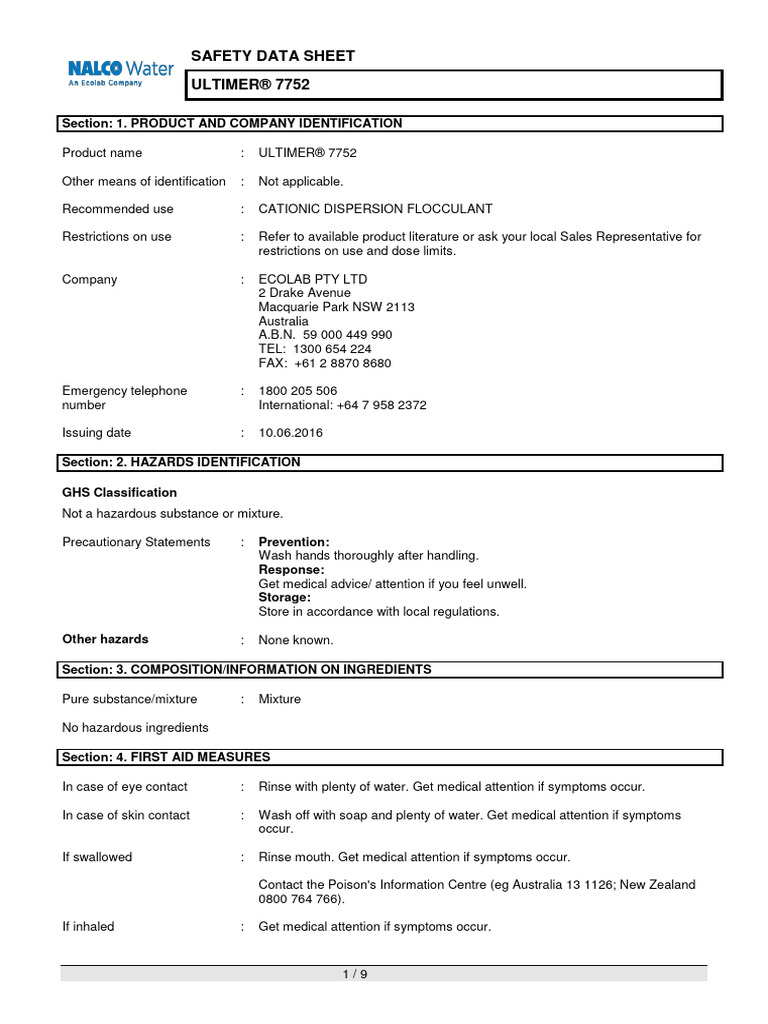 Chemical Nalco 7752 | PDF | Toxicity | Polyethylene