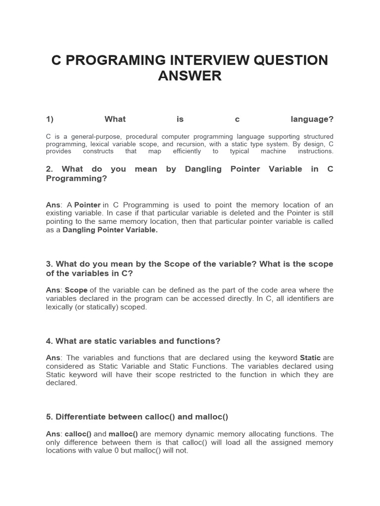 C Programing Interview Question Answe1 Pdf Variable Computer Science Pointer Computer 