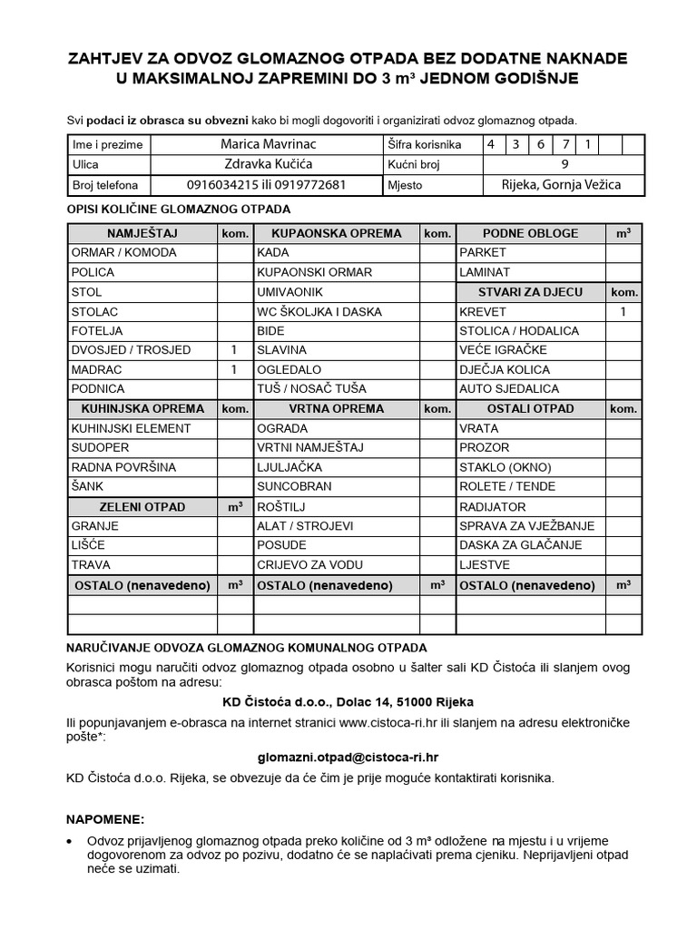 Grad Rijeka Zahtjev Za Odvoz Glomaznog Otpada 1 | PDF