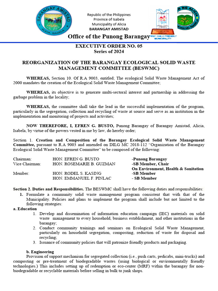 Eo No. 05 Beswmc | PDF | Municipal Solid Waste | Waste Management