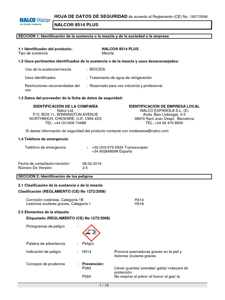 NALCO® 8514 PLUS - spanish | PDF | Residuos | Agua