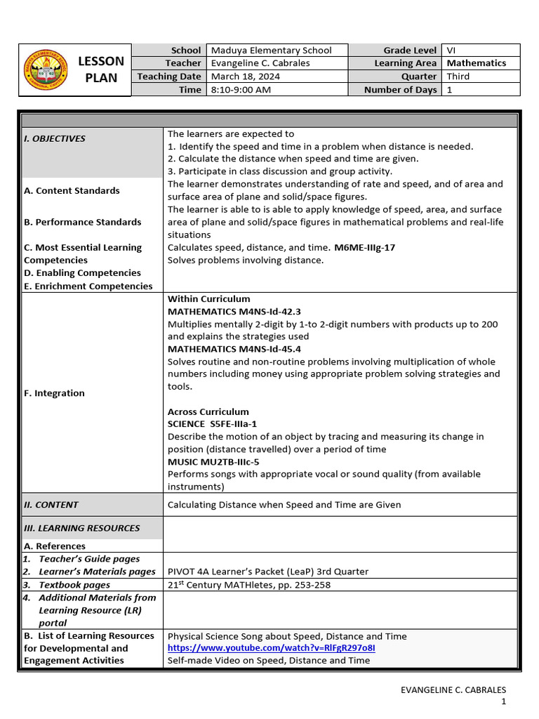 Cabrales Co3 - Idea Lesson Plan Math 6 q3 | PDF | Speed | Learning