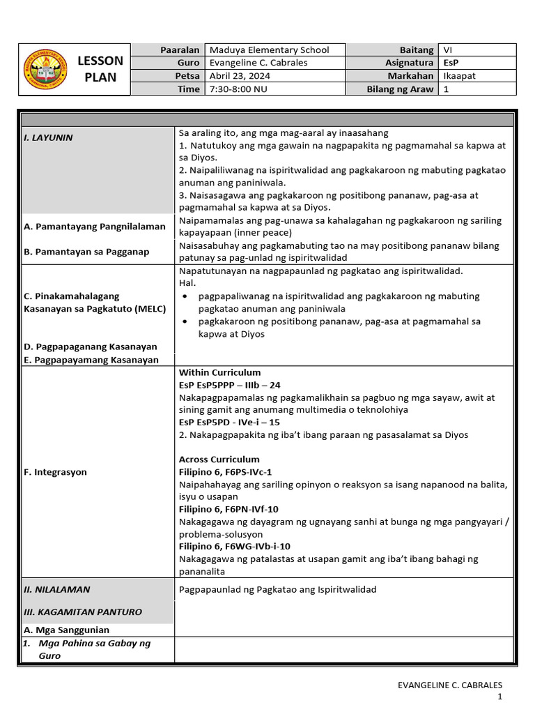 Cabrales Co4 - Idea Lesson Plan in Esp 6 q4 | PDF