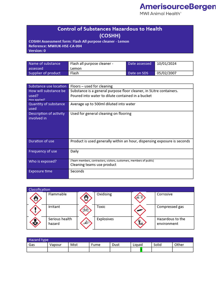 MWIUK-HSE-CA-004 COSHH Assessment Flash All Purpose Cleaner | PDF ...