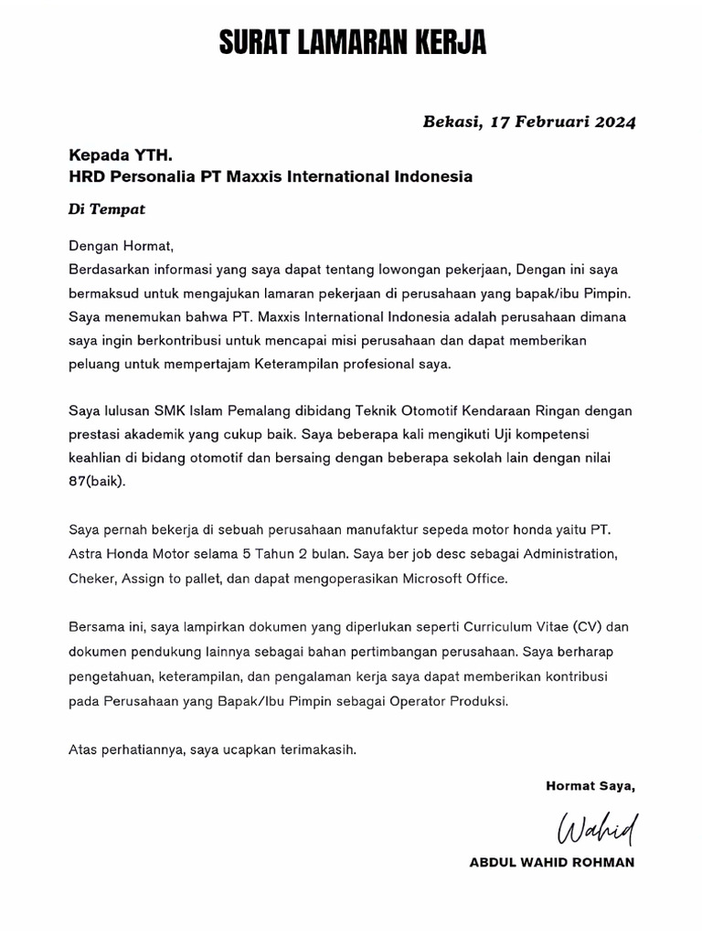 Surat Lamaran PT. Saka Farma Laboratorium PDF | PDF