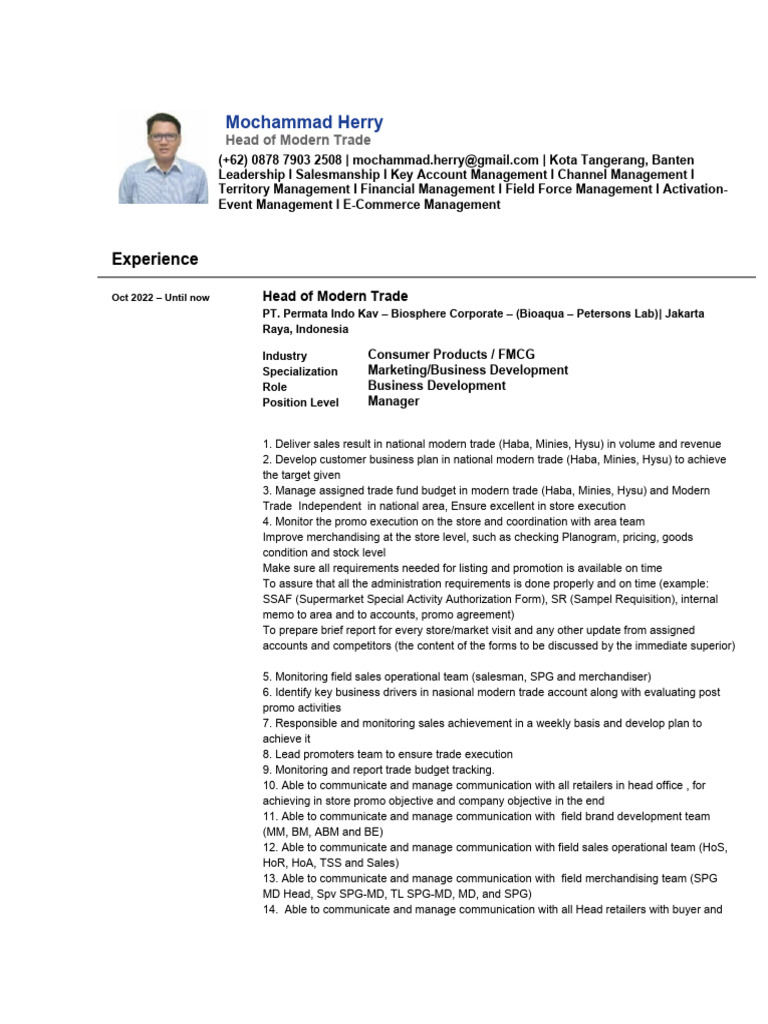 Mochammad Herry Head of Offline ChannelRetailers Resume | PDF | Sales ...