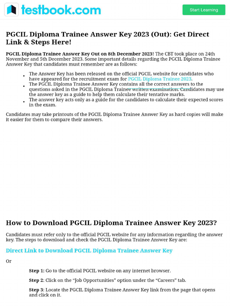 PGCIL Diploma Trainee Answer Key 2023 (Out) - Get Direct Link & Steps Here! | PDF