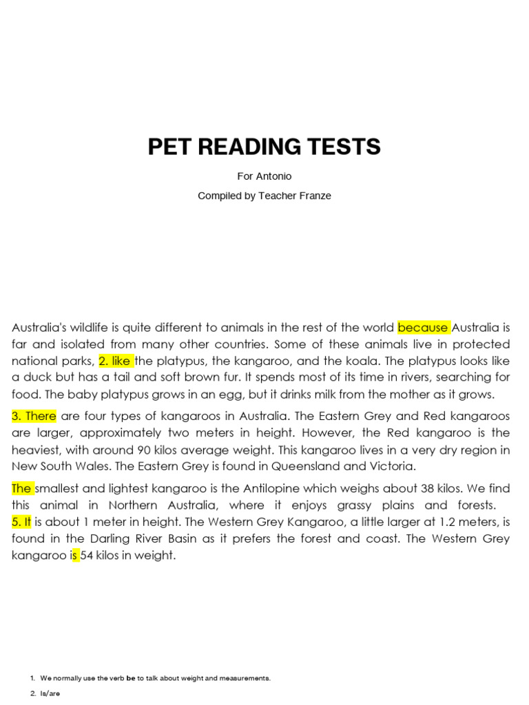 Antonio's PET Reading Tests | PDF | Zoology