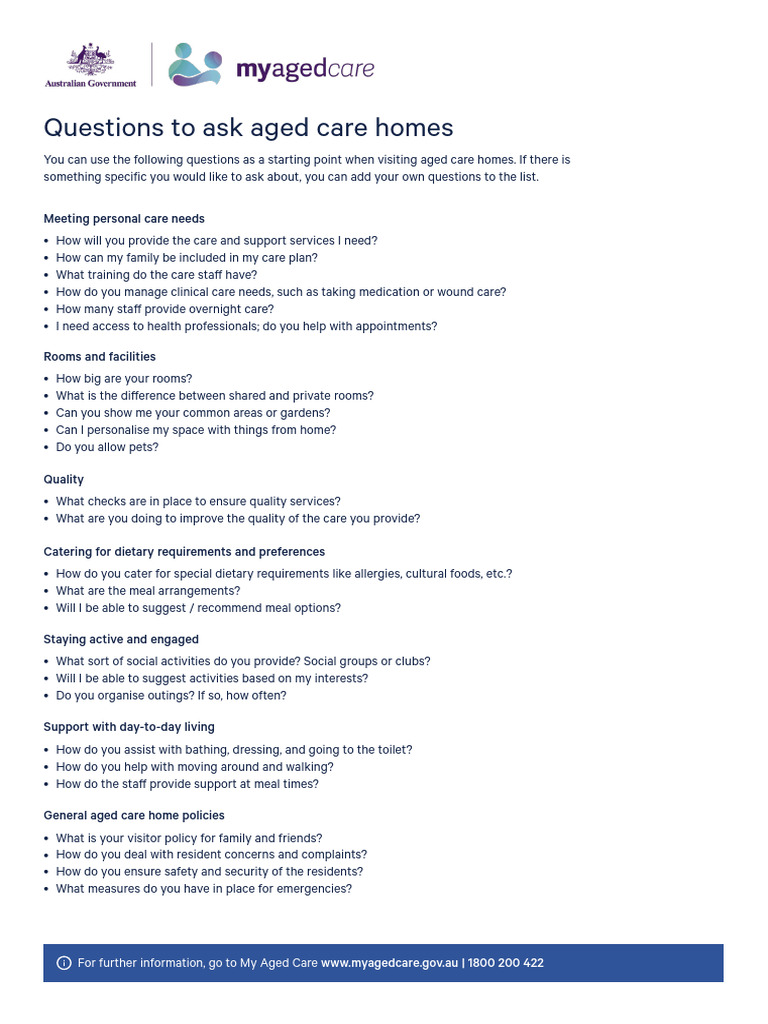 Questions To Ask Aged Care Homes - 0 | PDF