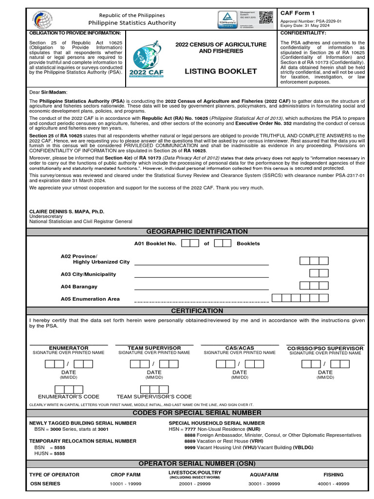 Hiligaynon - 2022 CAF Form 1 - Listing Booklet | PDF | Agriculture