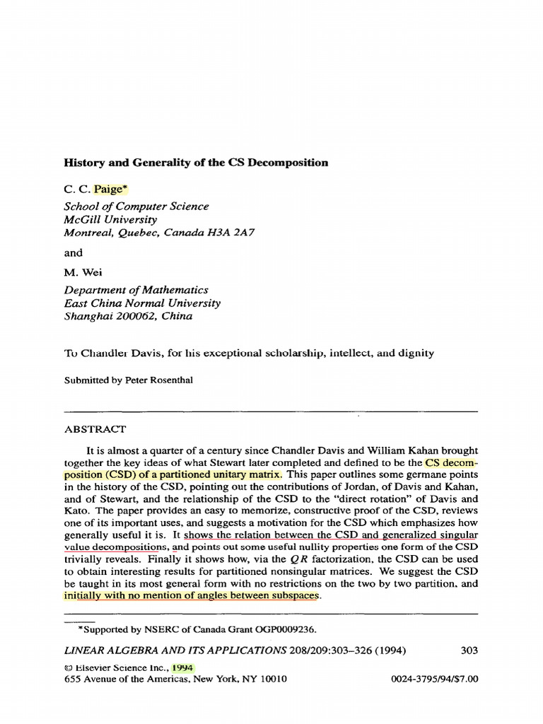 History and Generality of The CS Decomposition - 1994 | PDF | Matrix ...