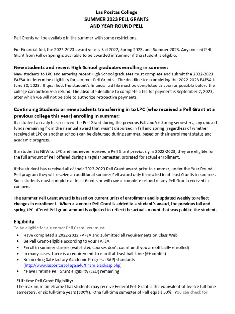 Summer Pell Doc 2022-2023 | PDF | Pell Grant | Student Financial Aid In ...