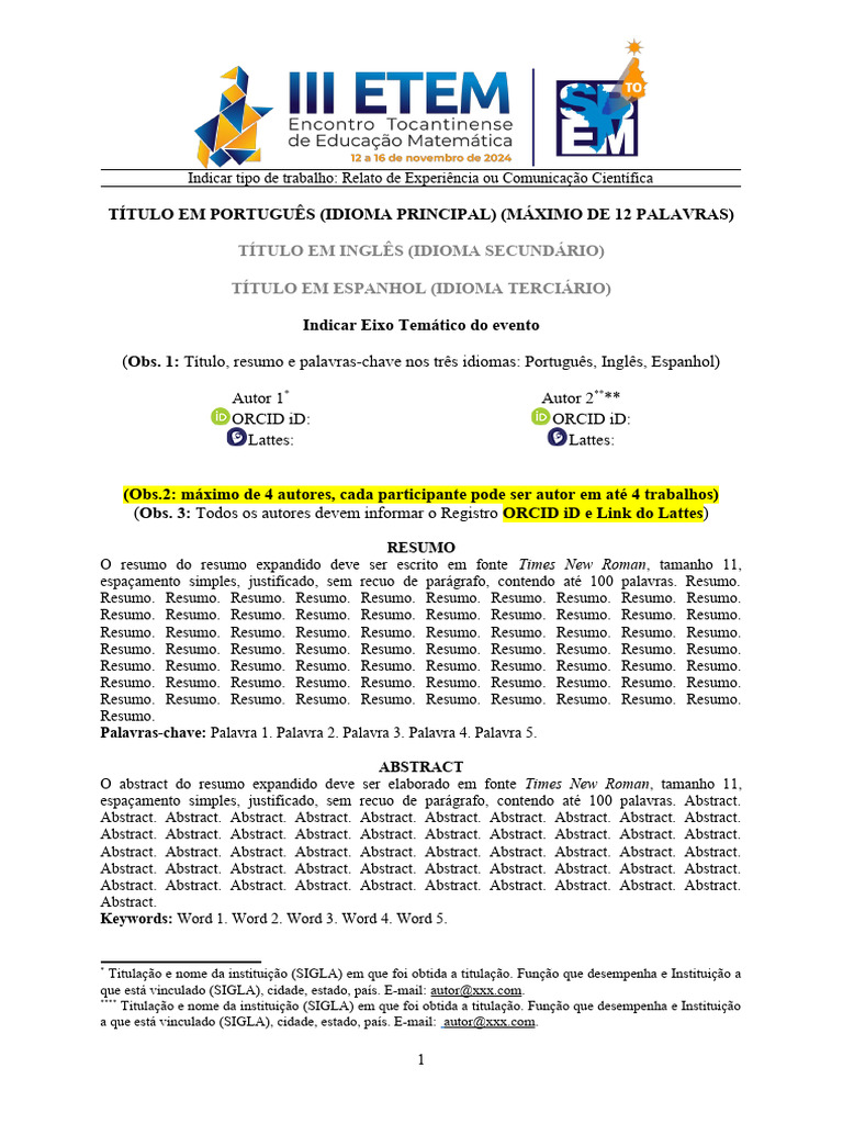 Template Resumo E III ETEM 2024 | PDF | Abstract (resumo) | Citação