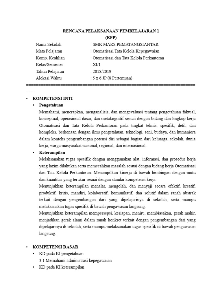 RPP Otomatisasi Kepegawaian Kelas XI | PDF | Karier & Perkembangan