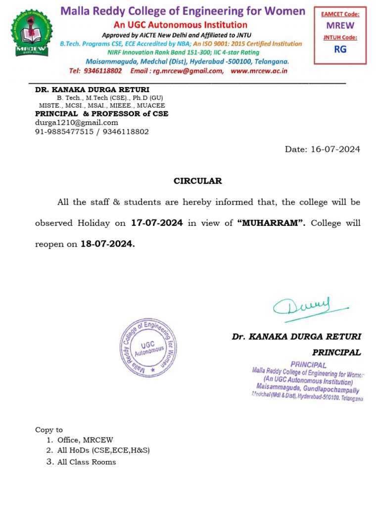 Muharram - Holiday Circular | PDF