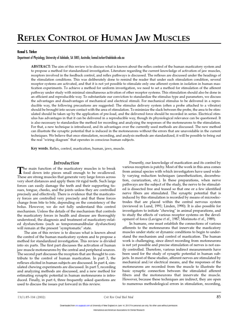 2002 CrReOrBMed Reflex Control of Human Jaw Muscles | PDF | Stimulus ...