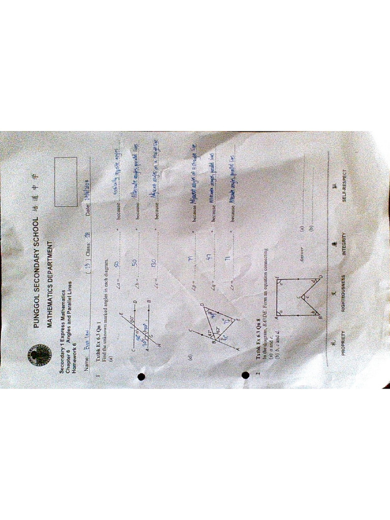 Sec 1 Chapter 6 Angles and Parallel Lines Homework 6 Page 1 | PDF