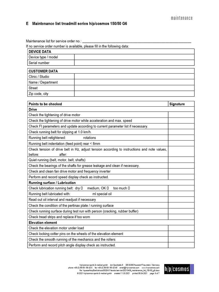 HP COSMOS Maintenance Checklist(150-50, Mercury Med) | Download Free ...