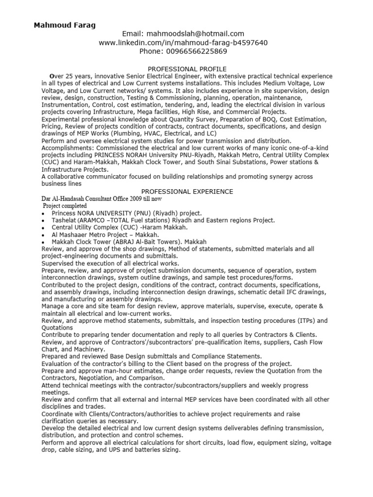 Senior Electrical Engineer Profile | PDF | Electrical Substation ...