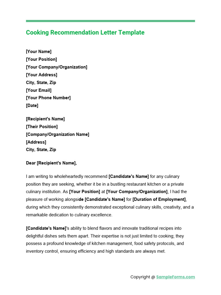 Cooking Recommendation Letter Template | PDF