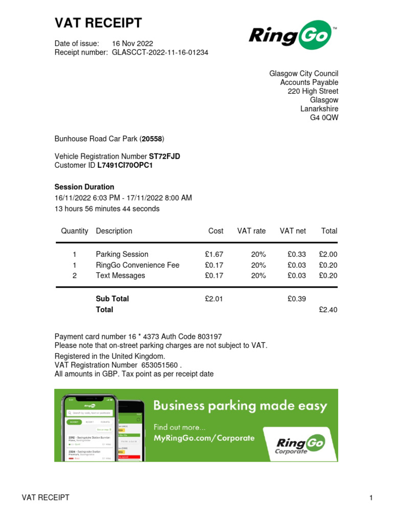 RingGo Parking VAT Receipt Details | PDF | Finance & Money Management