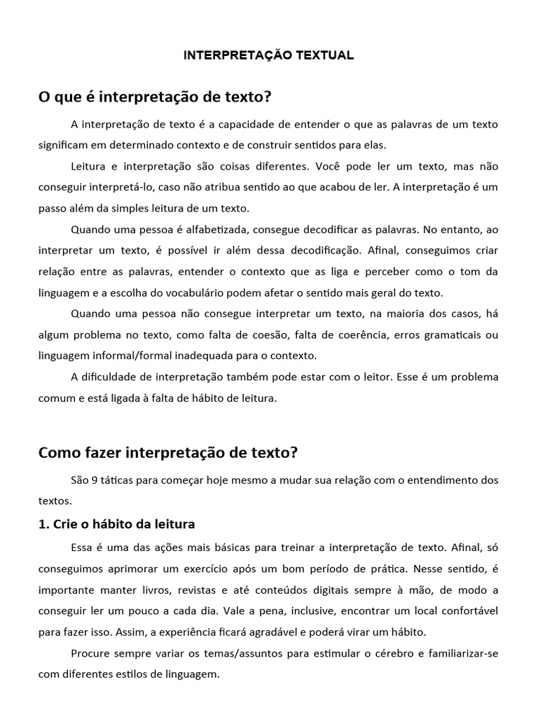 INTERPRETAÇÃO TEXTUAL - Ensino Médio | PDF | Interpretação linguística ...