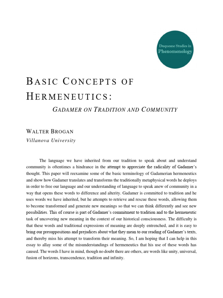 Basic Concepts of Hermeneutics Gadamer On Tradition and Community ...