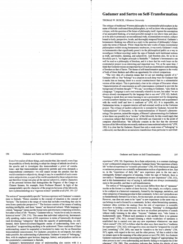 Gadamer and Sartre On Self-Transformation Busch 2002 | PDF ...