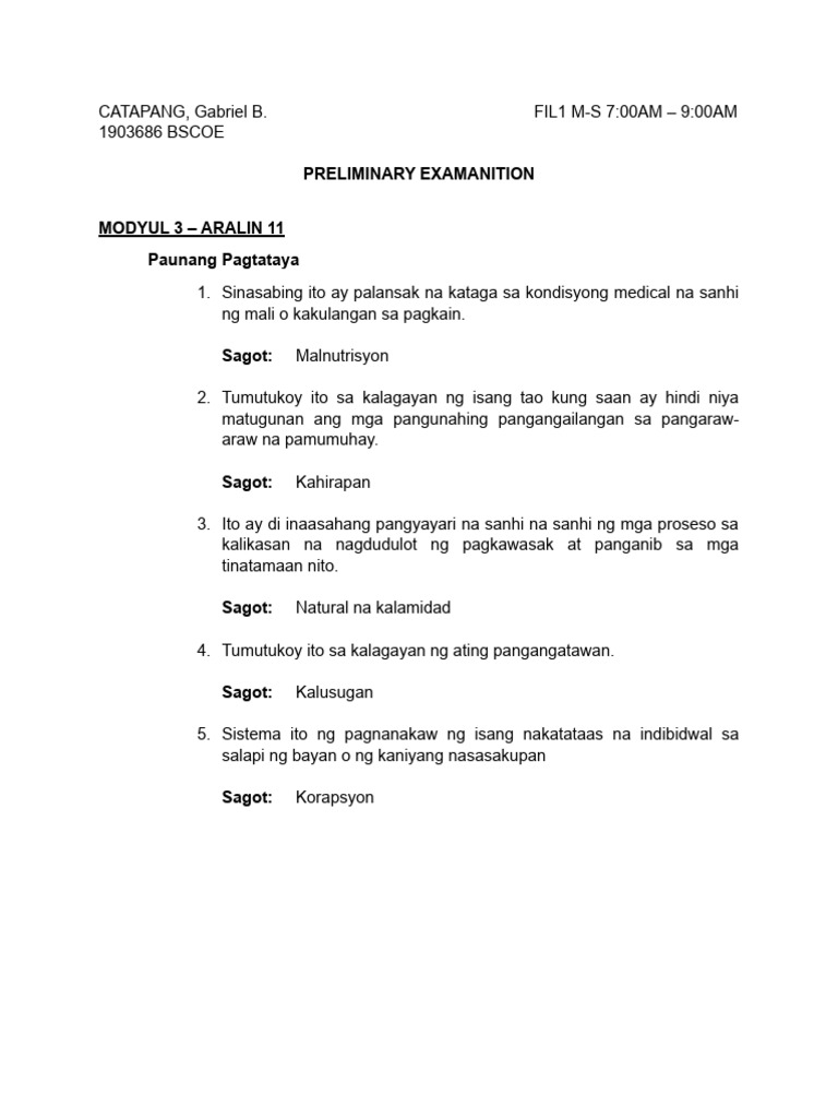 Catapang Gabriel Prelim Exam | PDF