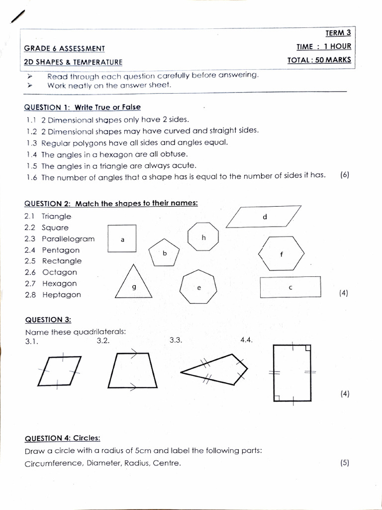 GR 6 CAPS Third Term Maths Shapes and Temperatures Test and Answers ...