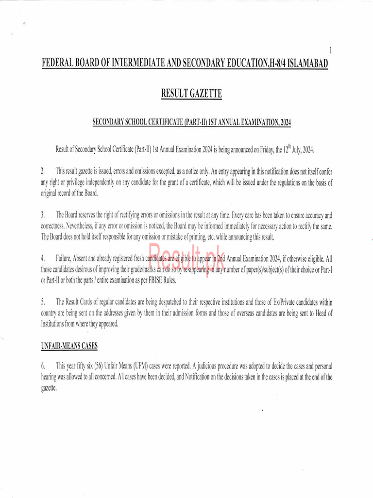 Fbise 10th Class Result 2024 Gazette | PDF | Schools