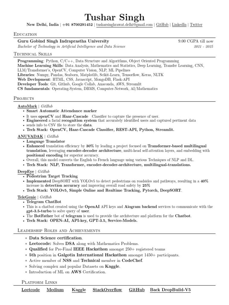 Updated Resume Pdf Machine Learning Artificial Intelligence